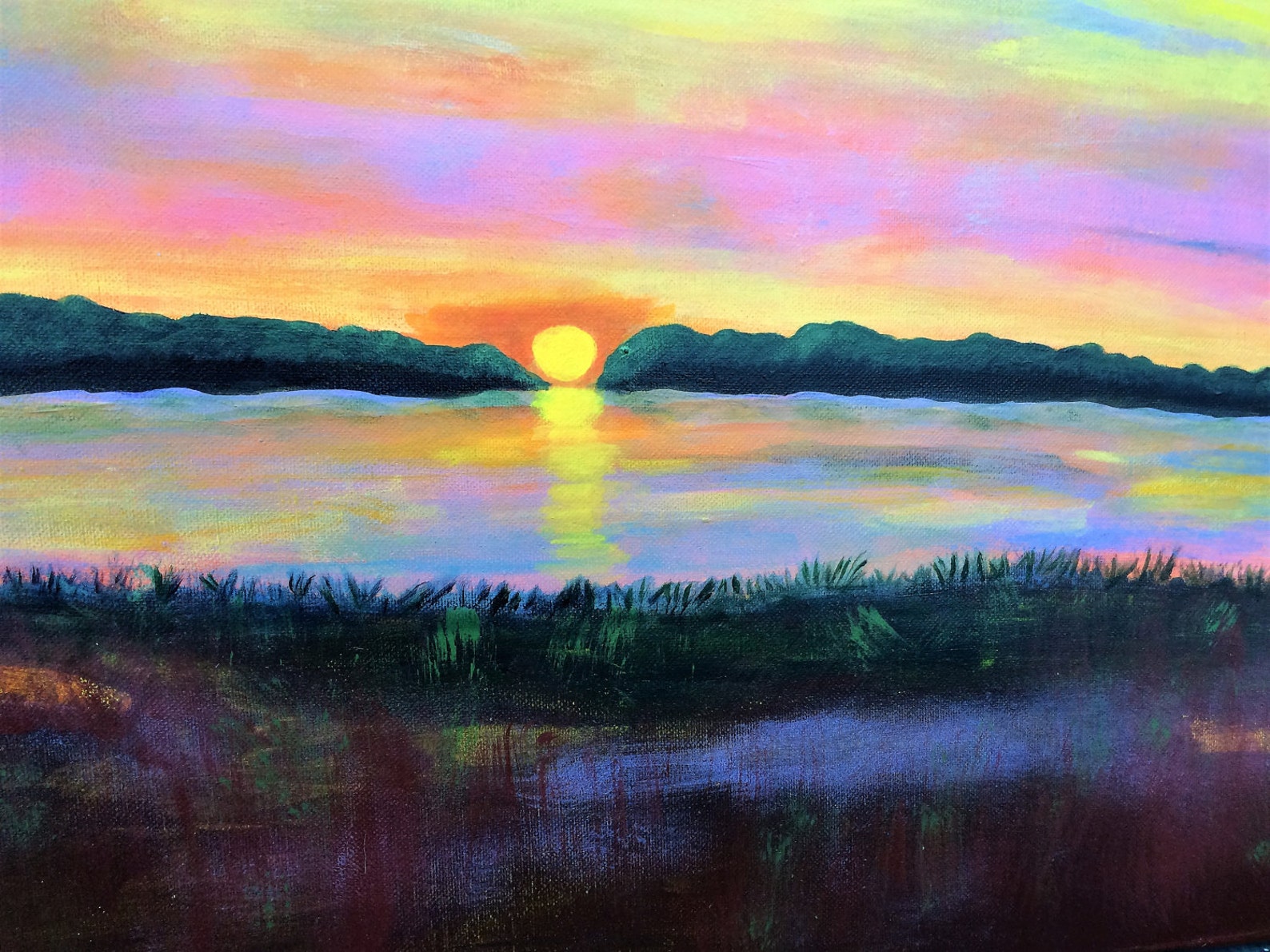 SUNSET LAKE Original Abstract Large Colorful 18 X 24 In. Sky Clouds ...
