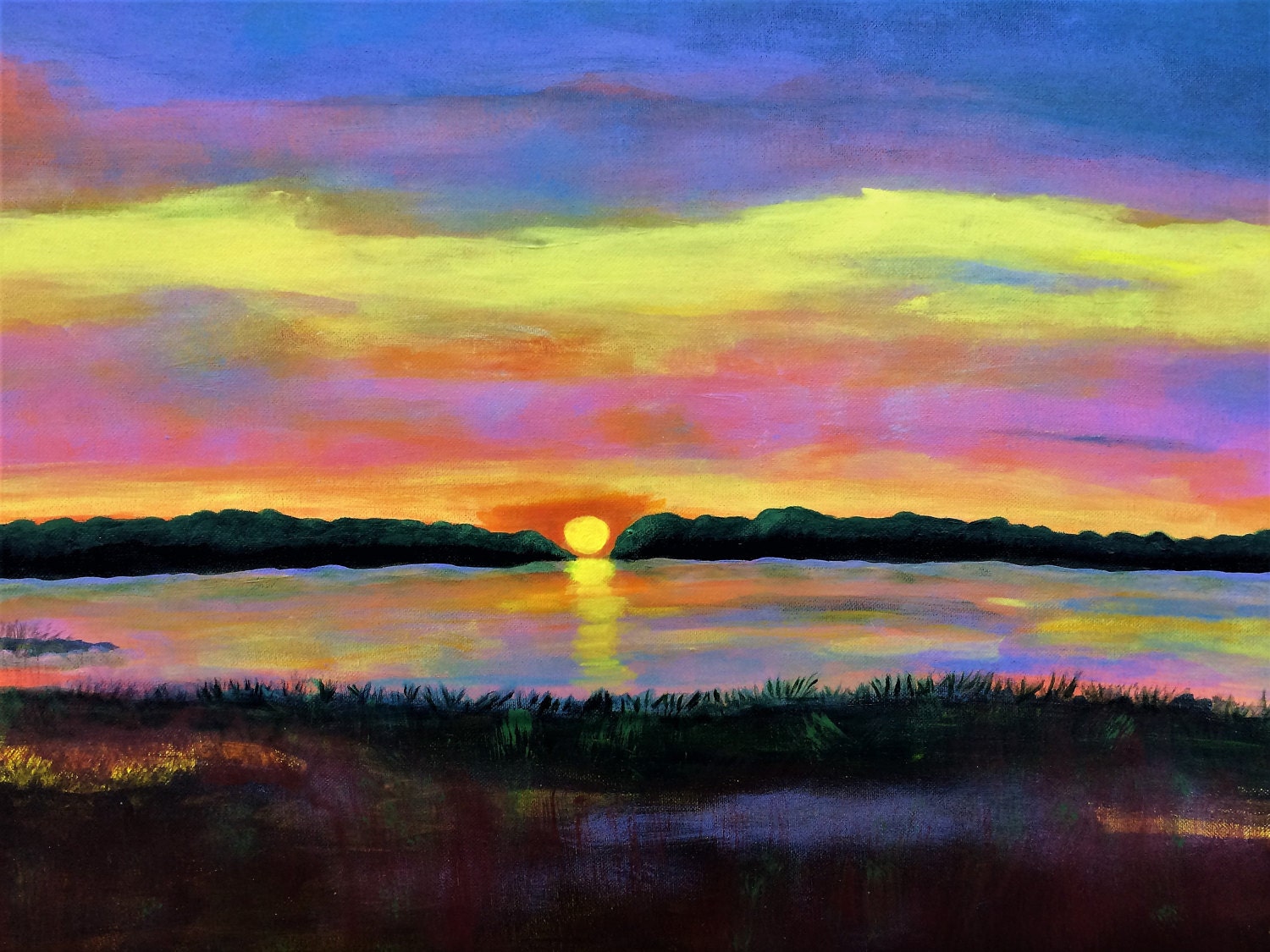 SUNSET LAKE Original Abstract Large Colorful 18 X 24 In. Sky Clouds ...