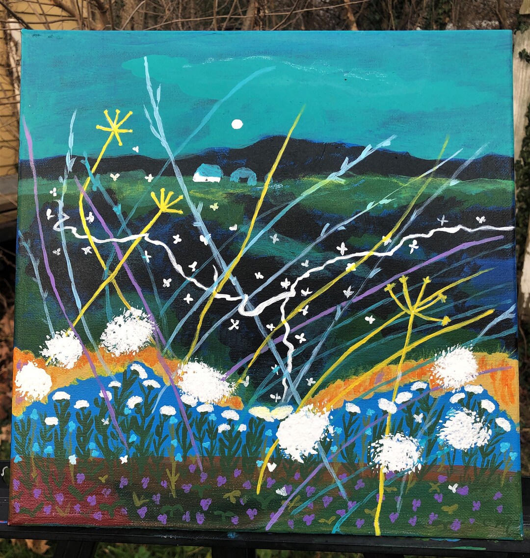 MOONLIGHT MEADOW ABSTRACT Moon Over Meadow Farm Fields 12 X 12 In ...