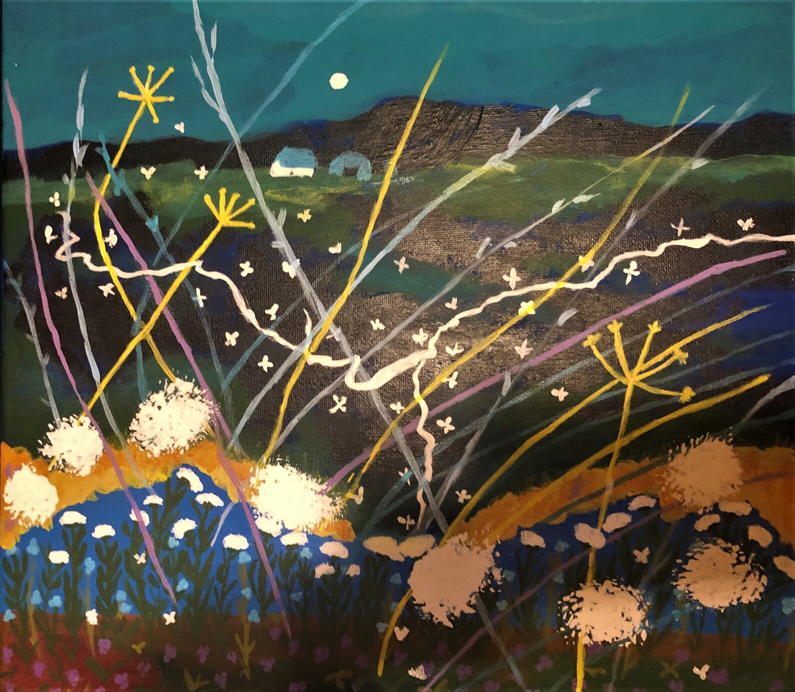 MOONLIGHT MEADOW ABSTRACT Moon Over Meadow Farm Fields 12 X 12 In ...