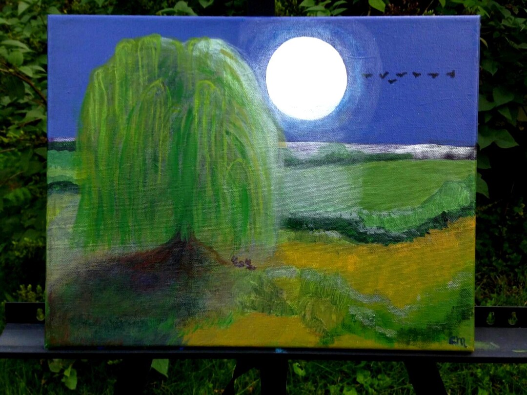 Willow Tree Moonlight Painting: Impressionist Acrylic Landscape (11x14 ...