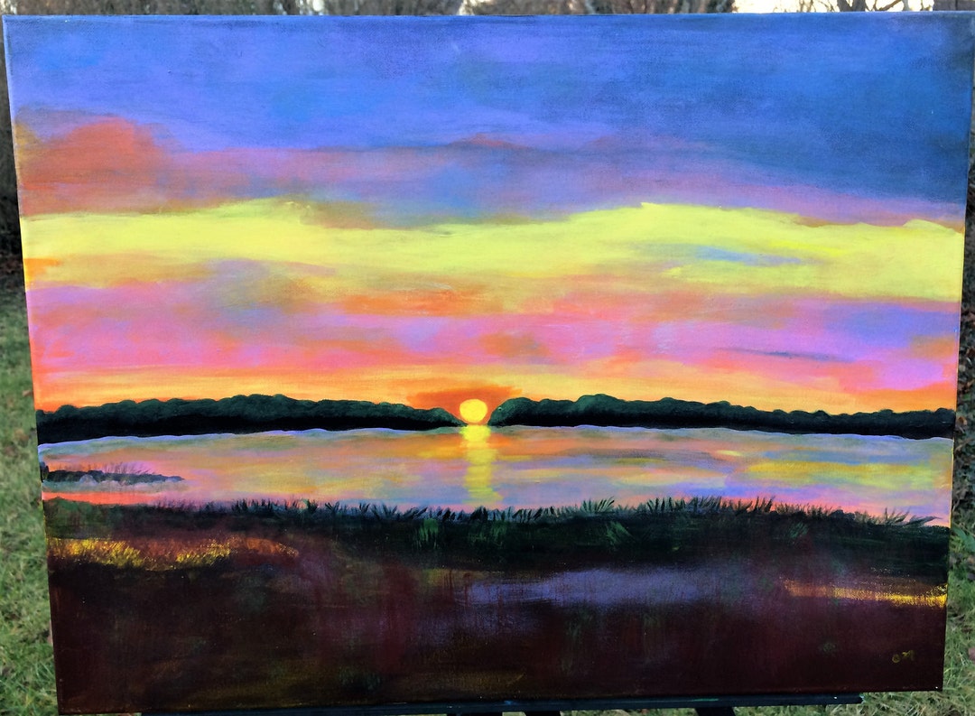 SUNSET LAKE Original Abstract Large Colorful 18 X 24 In. Sky Clouds ...
