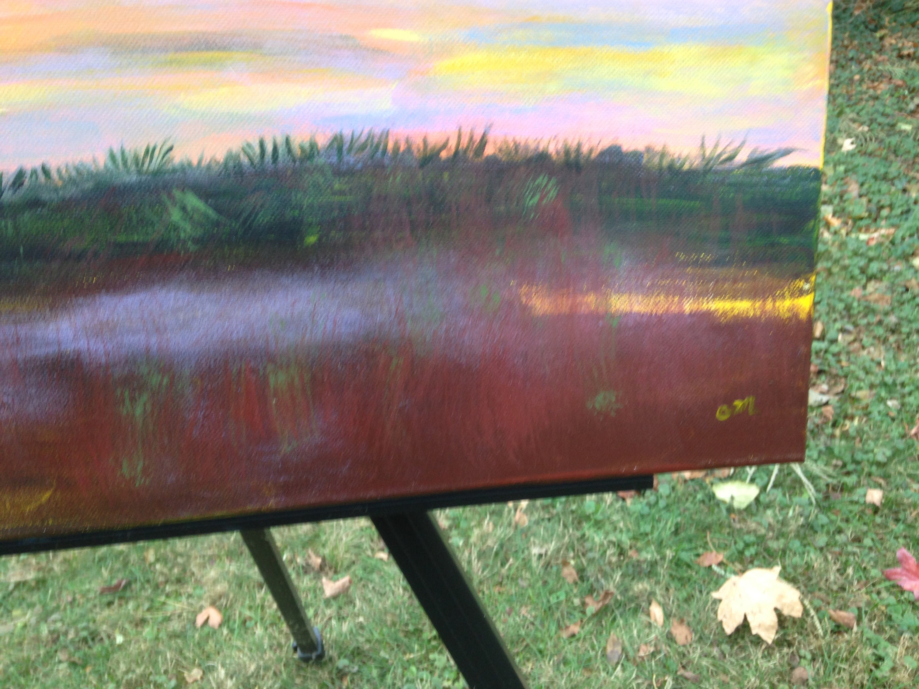 SUNSET LAKE Original Abstract Large Colorful 18 X 24 In. Sky Clouds ...