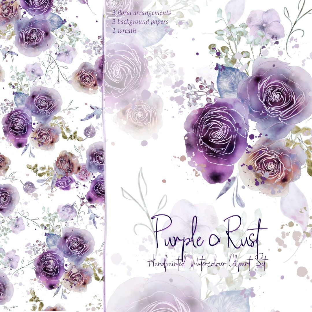 DIGITAL Purple & Rust Flower Bloom Watercolour Floral Clipart Digital ...