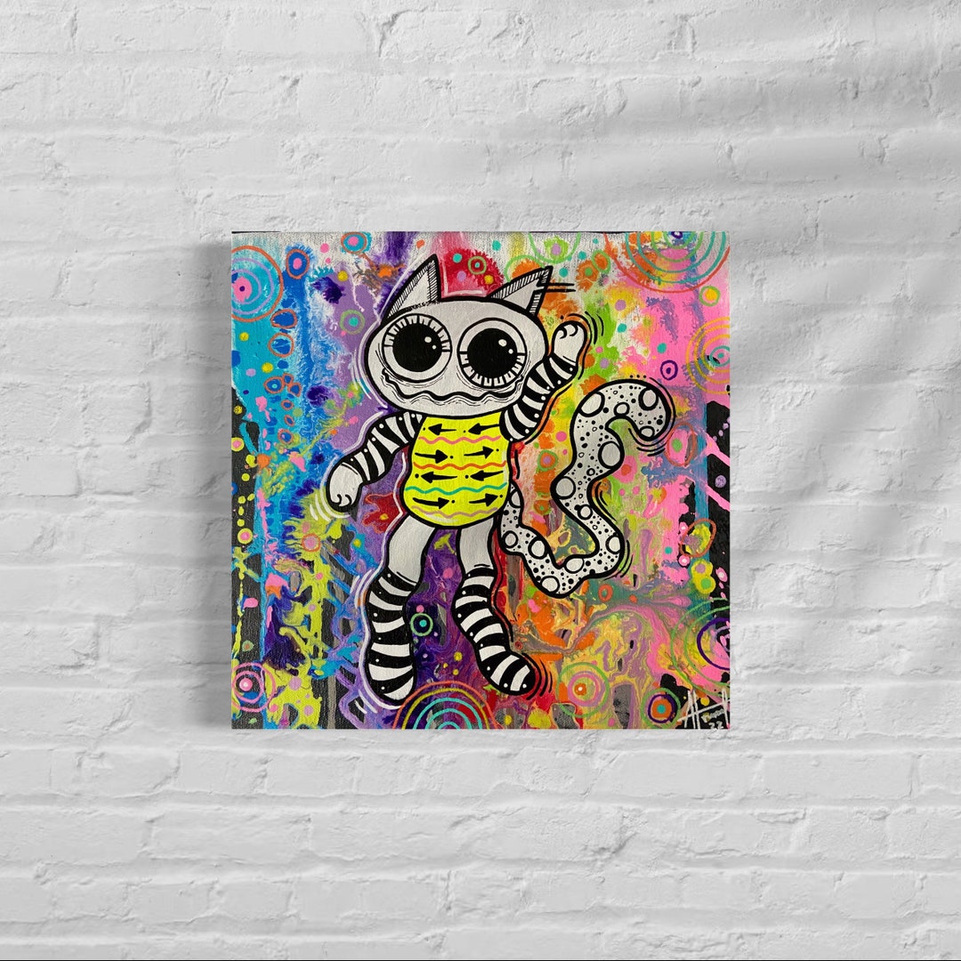 Dancing White Cat Acrylic Painting: Pop Art Whimsical Artwork - Etsy