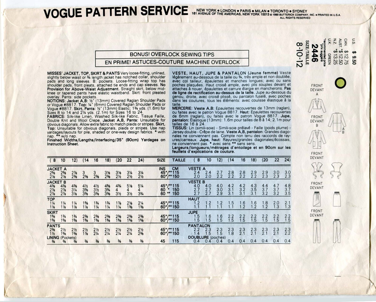 Vogue 2446 5 Easy Pieces Uncut Sewing Pattern Vintage 1990 Loose Jacket ...