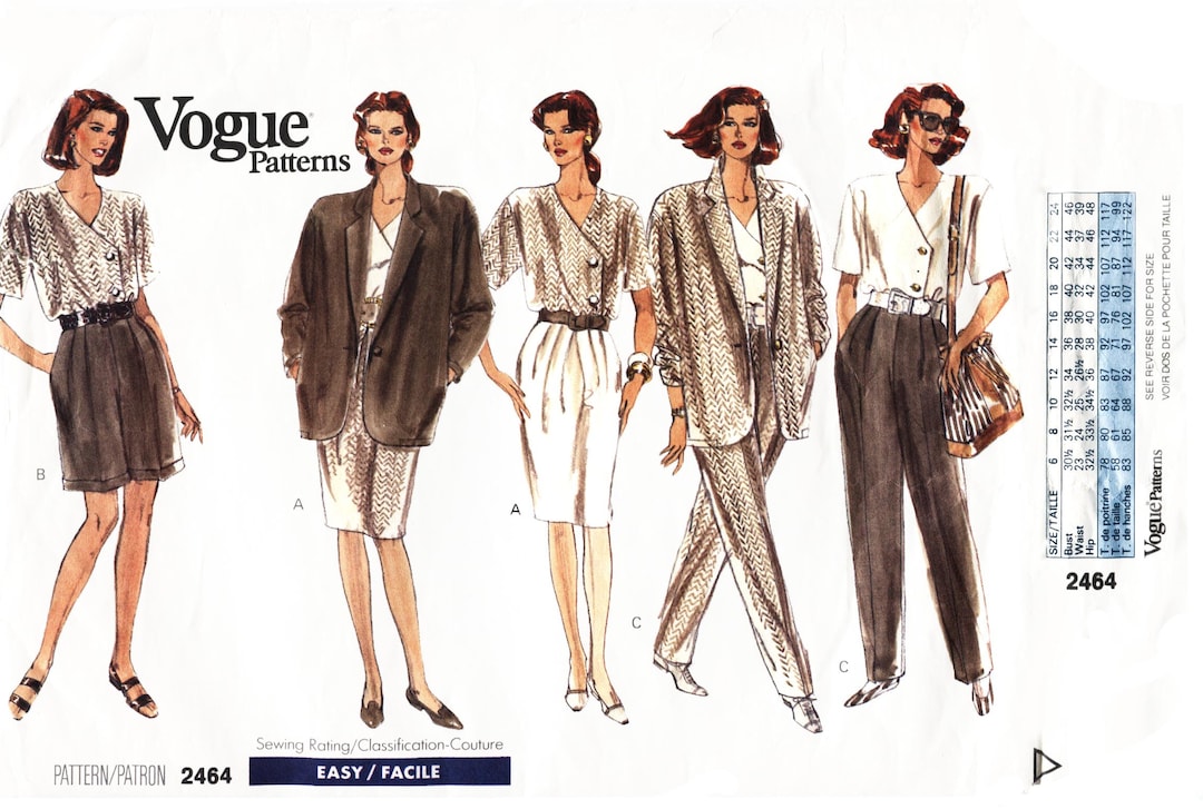Vogue 2464 Vintage 1990 Sewing Pattern Easy Jacket, Top, Shorts, Skirt ...