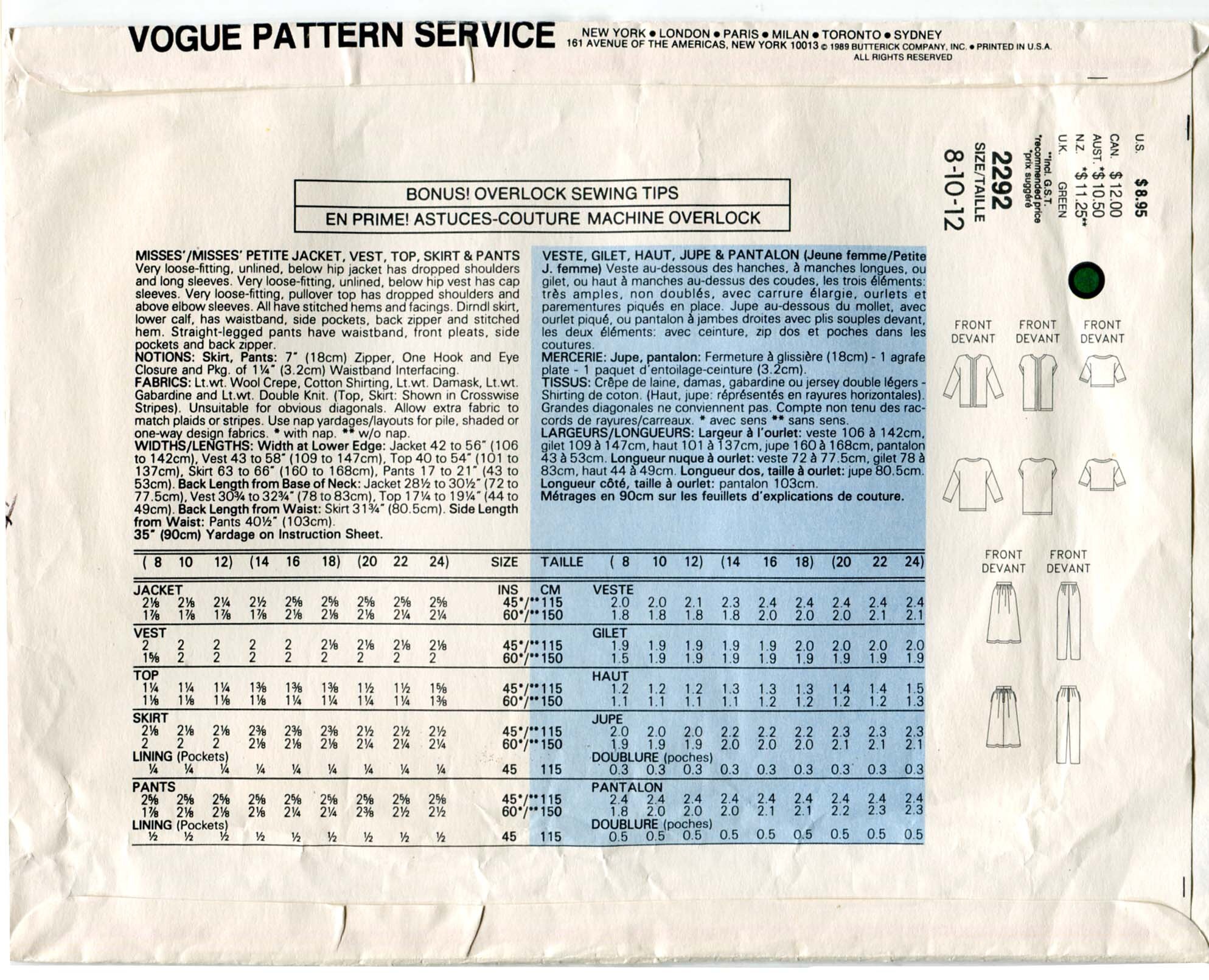 Vogue 2292 5 Easy Pieces Uncut Sewing Pattern Vintage 1989 Loose ...