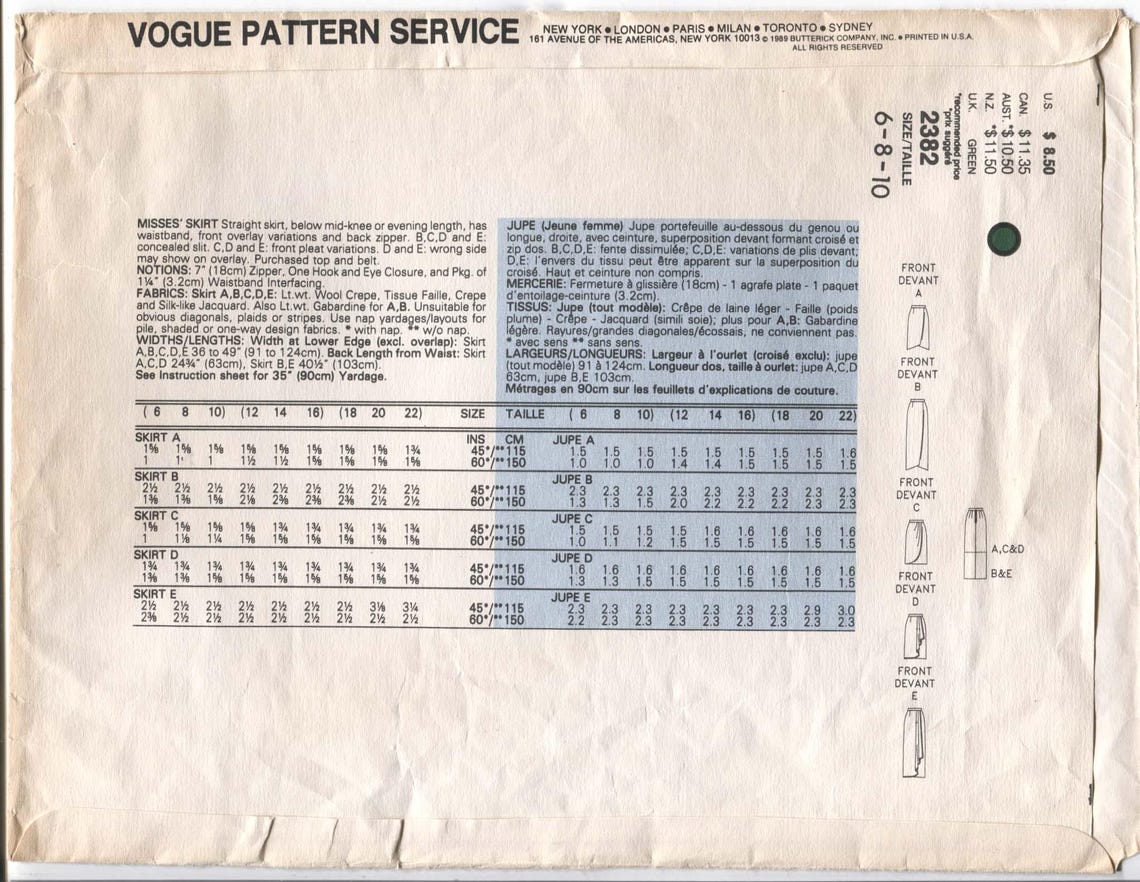 Vogue 2383 Basic Design Uncut Sewing Pattern Vintage 1989 Straight ...