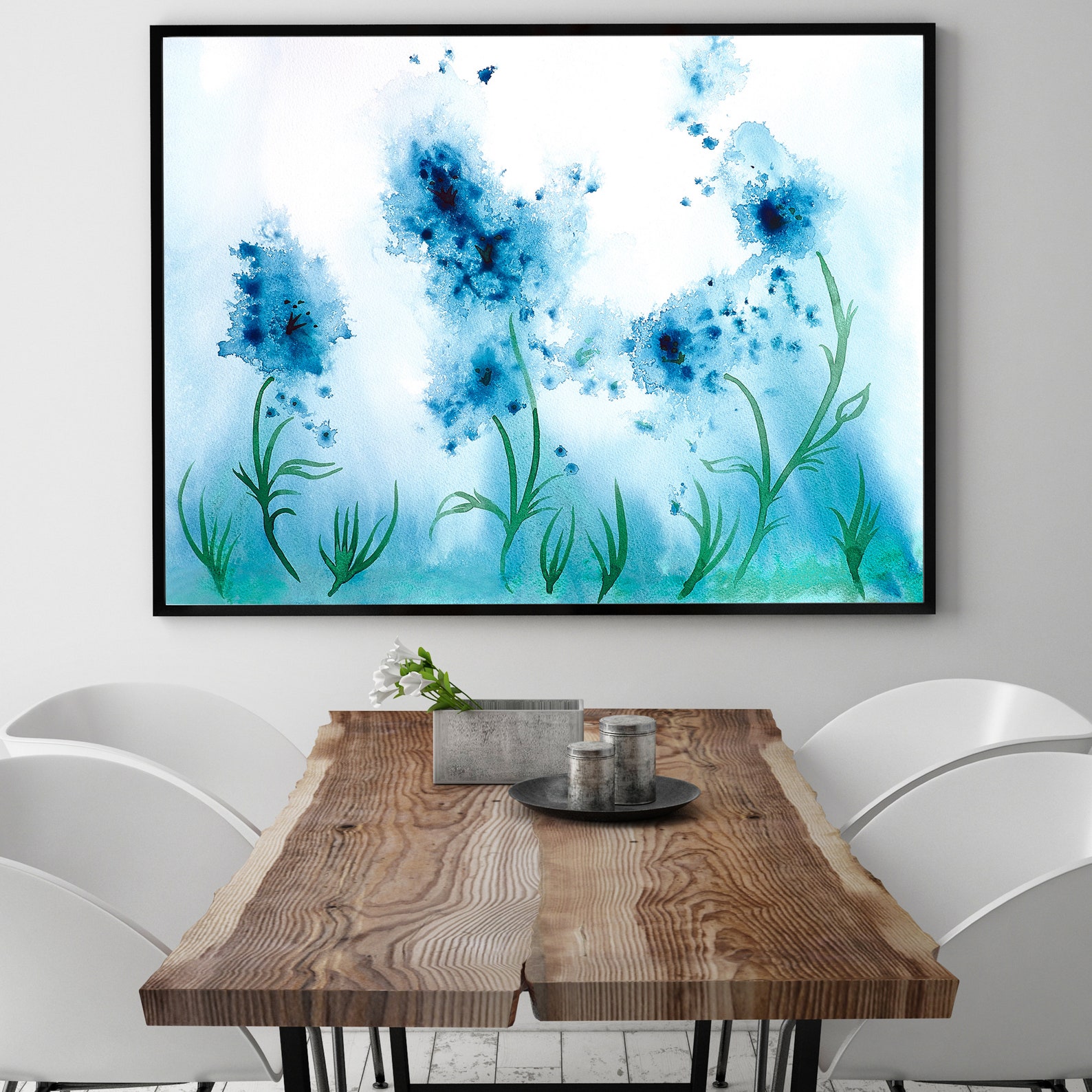 Blue Abstract Flower Print, Original Painting in Shades of Blue, Modern ...