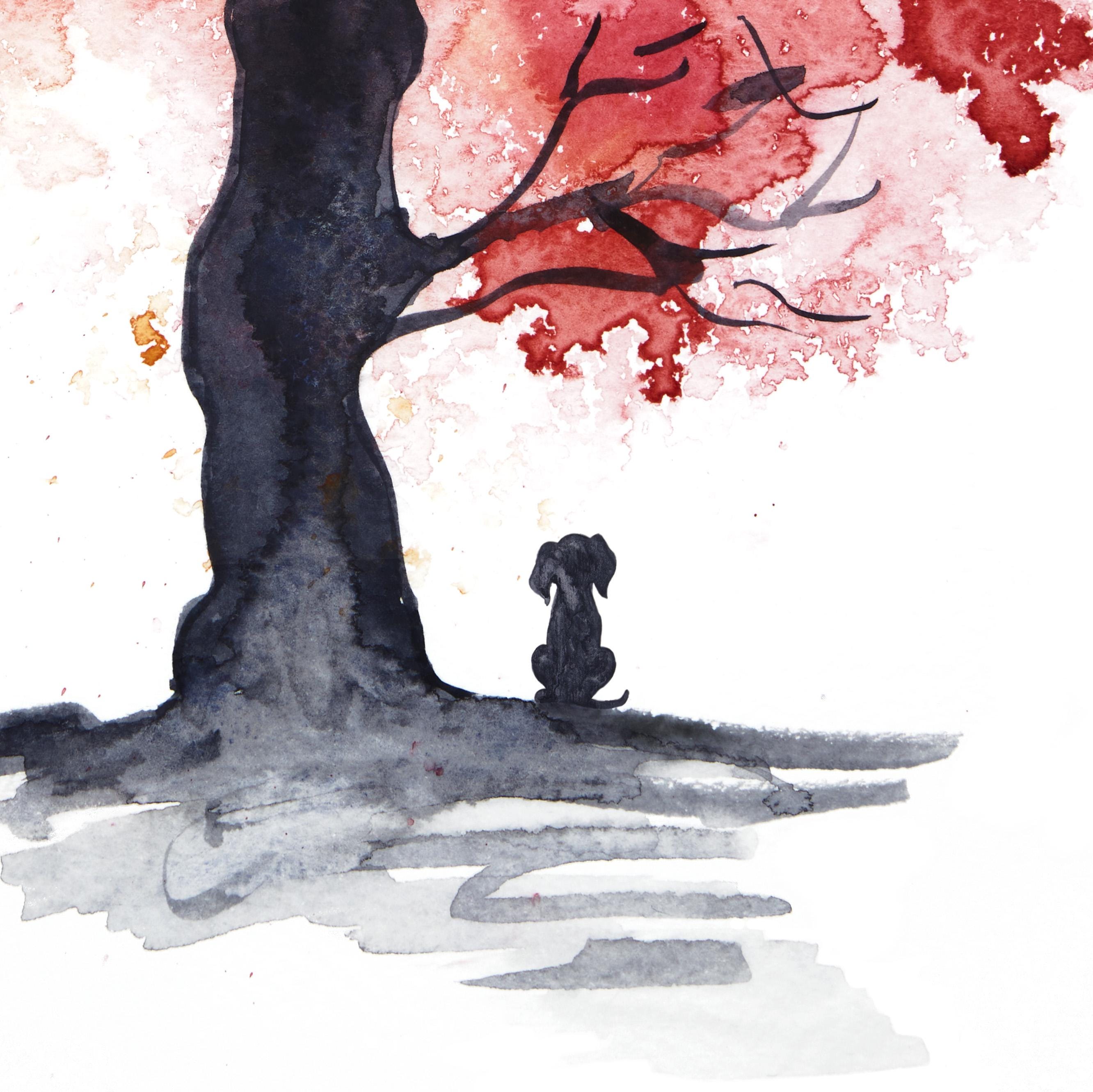 Dog Under A Tree Painting, Red Abstract Art Print, Animal Lovers ...
