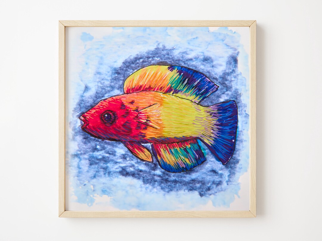 Fine Art Print of Abstract Rainbow Fish Painting, Square Home Decor ...