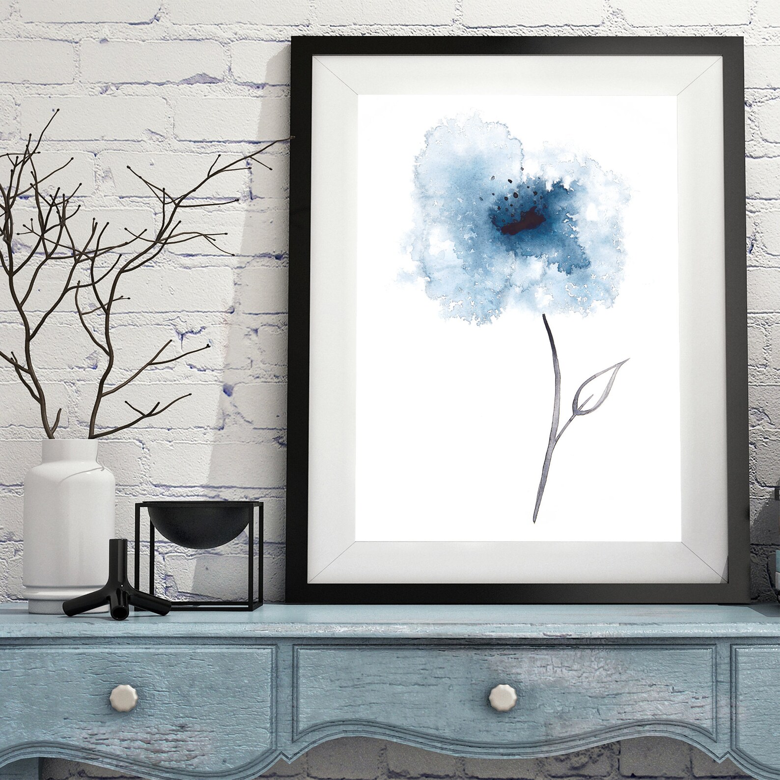 Navy Blue Floral Poster Print, Abstract Flower Artwork, Nature Art for ...