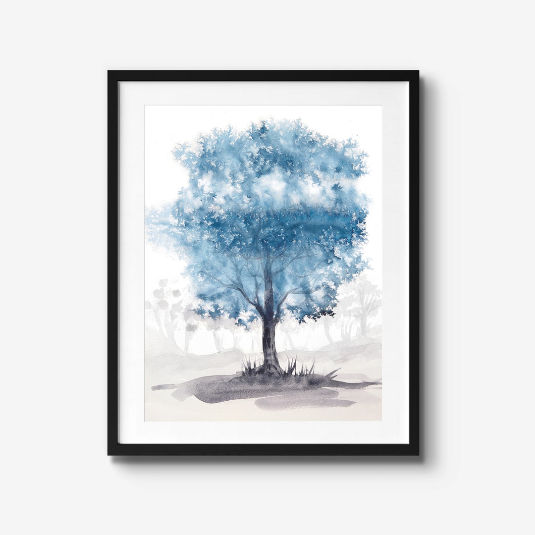Tree Painting in Blue, Print of Original Watercolour Artwork, Navy ...