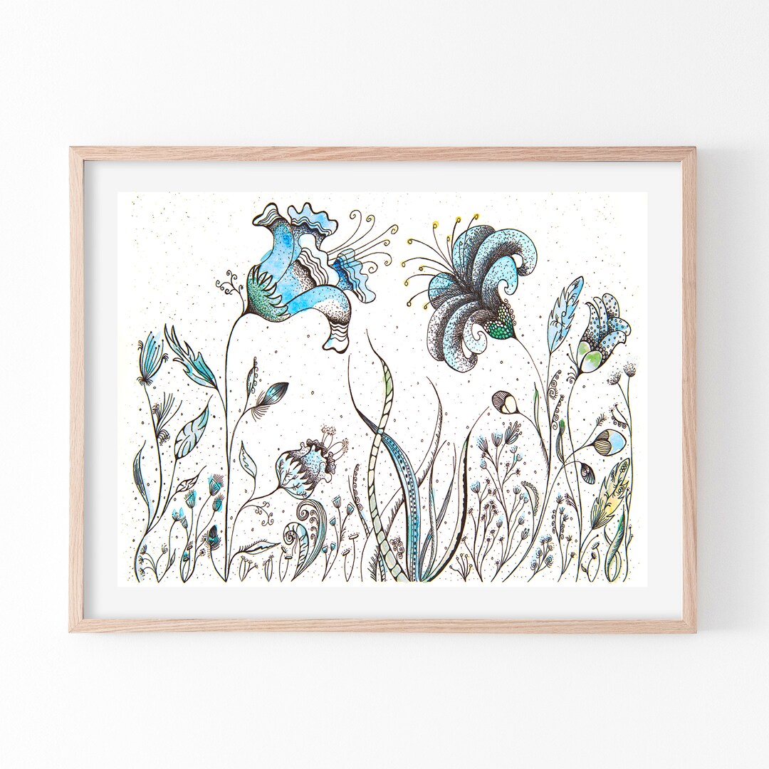 Blue Flower Print, Fine Art Floral Line Drawing, Large Abstract Art ...
