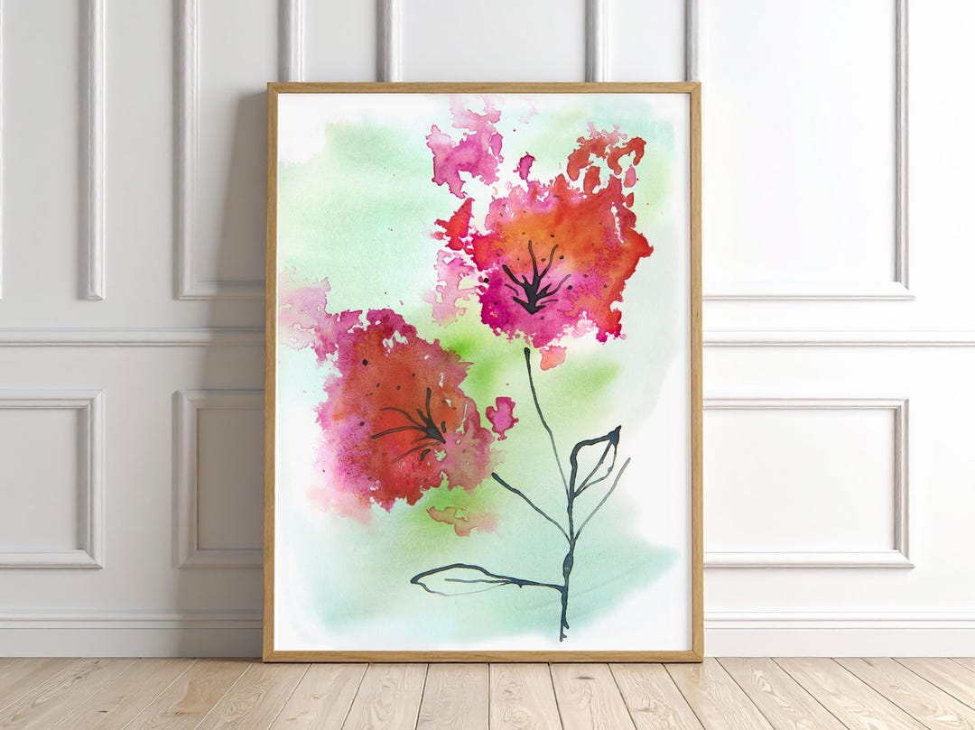 Watercolour Flower Wall Art, Abstract Floral Print in Red & Pink ...