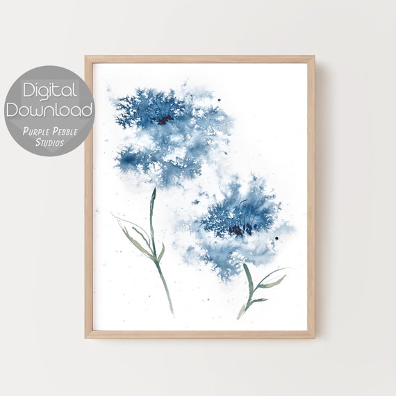 Digital Download Navy Flower Painting Print at Home Blue - Etsy UK