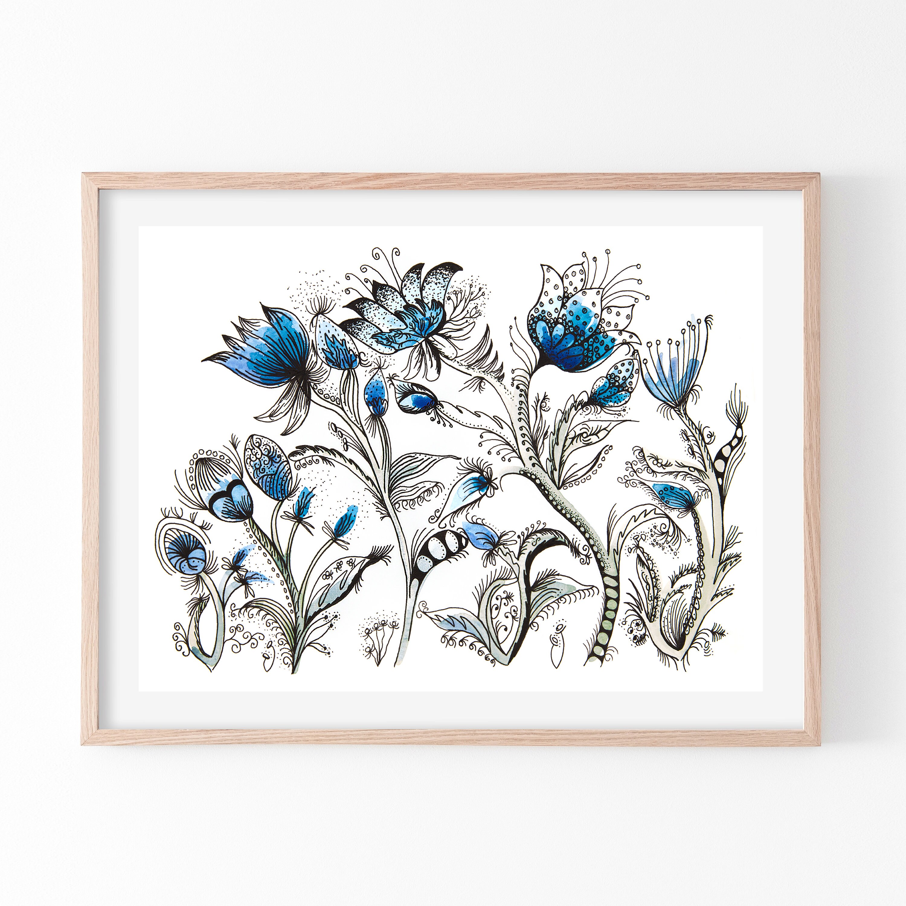 Blue Flower Print Fine Art Floral Line Drawing Large | Etsy