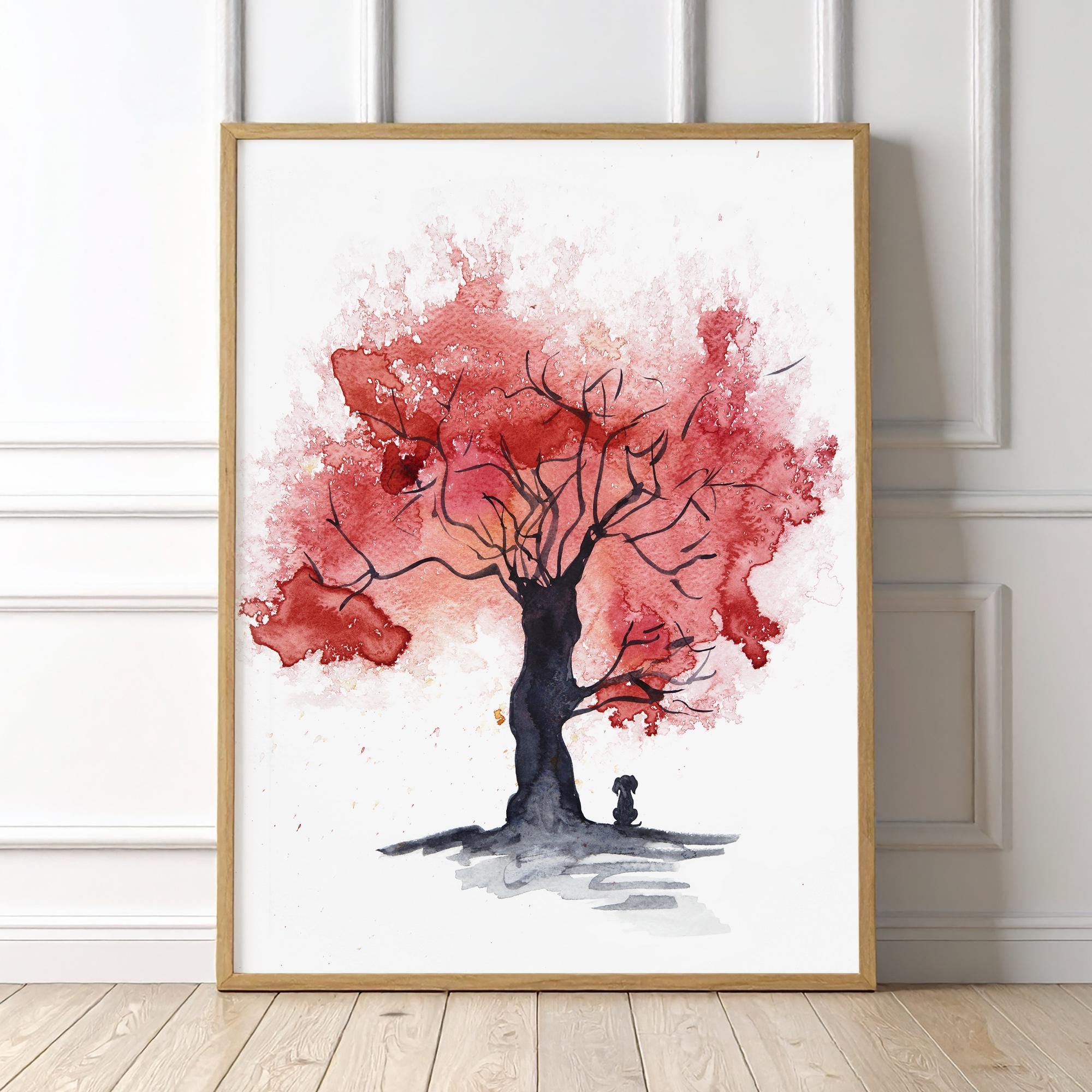Dog Under A Tree Painting, Red Abstract Art Print, Animal Lovers ...