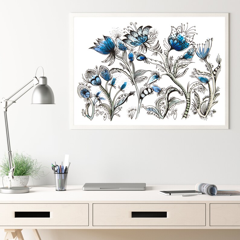 Blue Flower Print, Fine Art Floral Line Drawing, Large Abstract Art ...