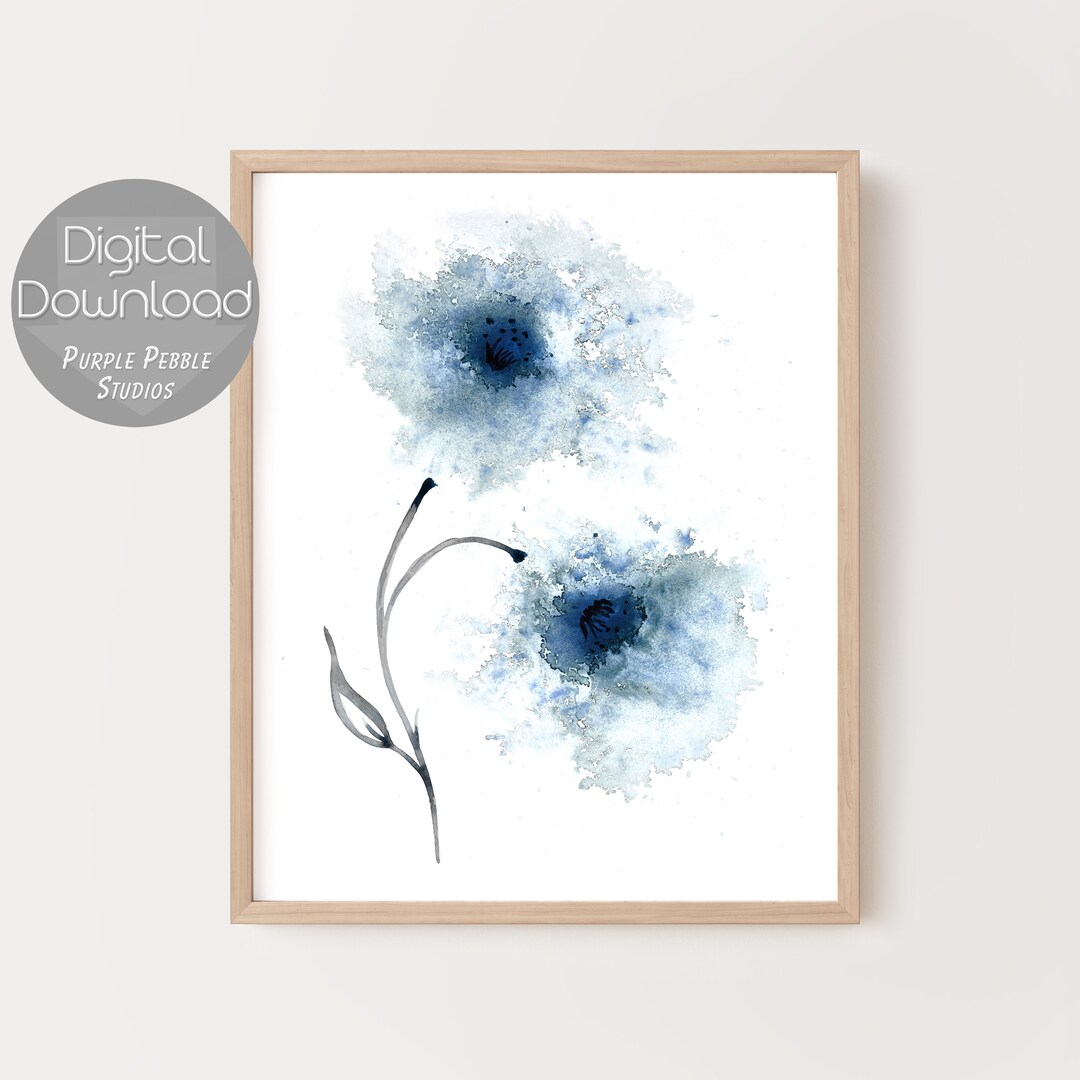 Print at Home Navy Flower Painting, Instant Digital Download Blue ...