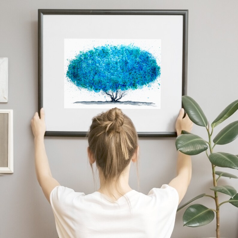 Blue and Green Tree Painting, Watercolour Abstract Art in Blues and ...