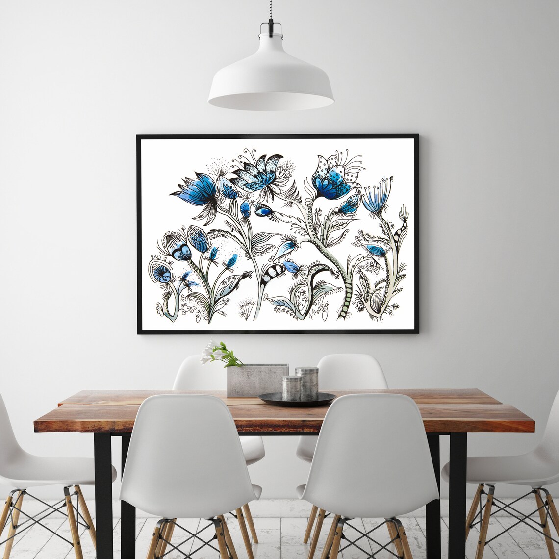 Blue Flower Print, Fine Art Floral Line Drawing, Large Abstract Art ...