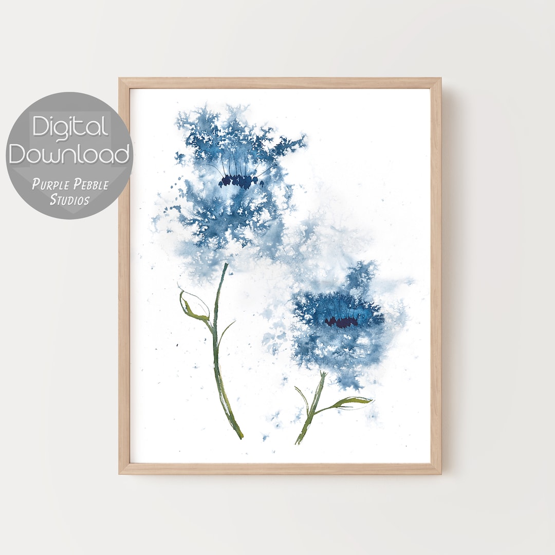 Digital Download Navy Flower Painting, Print at Home Blue Floral ...