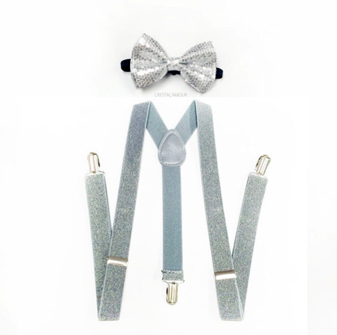 Silver Bowtie and Suspenders Set, Silver Sequin Bow Tie, White Silver Glitter Suspenders ...