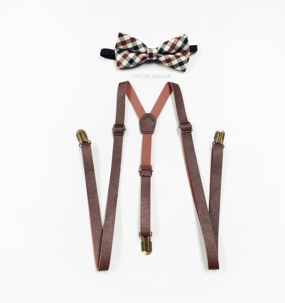 Brown Suspenders Vintage Plaid Bowtie Brown Leather - Etsy