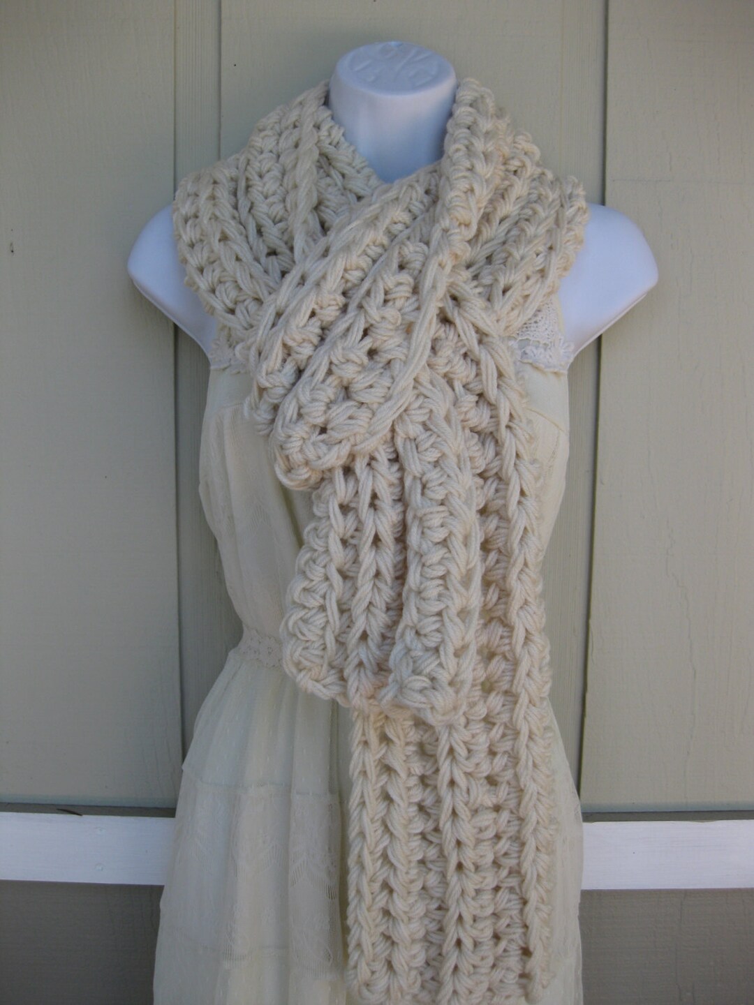 Crochet Long Scarf in Cream, Cream Scarf, Chunky Cream Scarf, Long Cozy ...