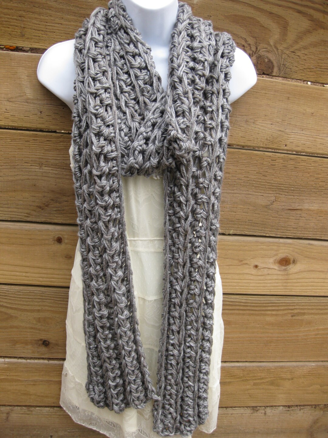 Crochet Long Scarf in Light Gray, Gray Scarf, Chunky Grey Scarf, Cozy ...