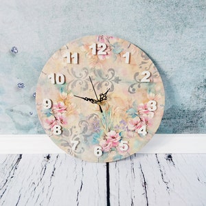 Romantic Shabby Chic Pastel Flowers Decoupage Wooden Wall Clock Gift ...
