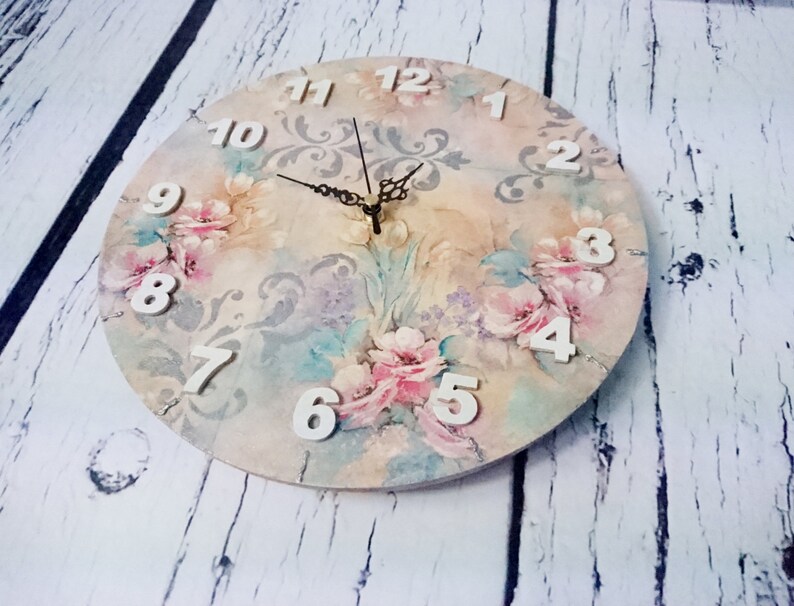 Romantic Shabby Chic Pastel Flowers Decoupage Wooden Wall Clock Gift ...