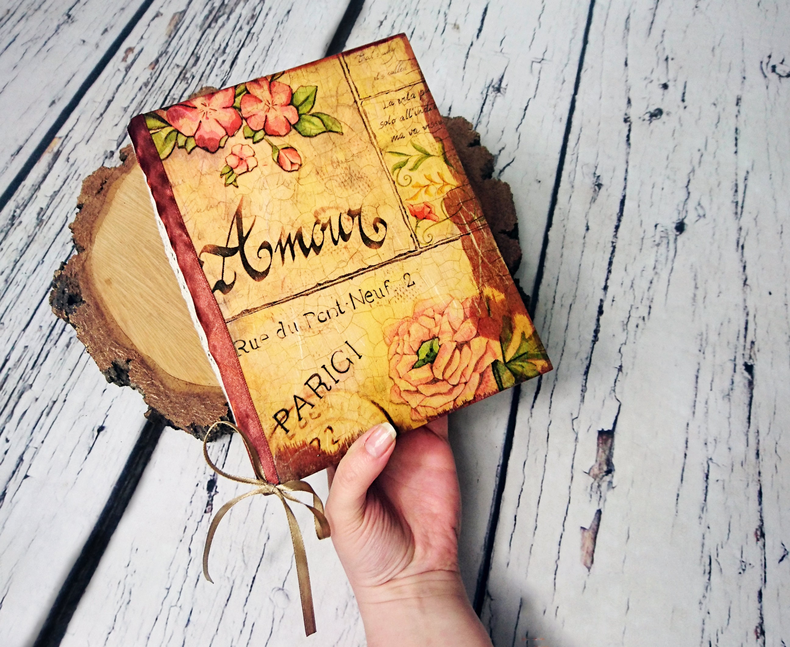 Decoupage Old Book Shaped Box Key Lock Crackle Cotton Lace Romantic ...