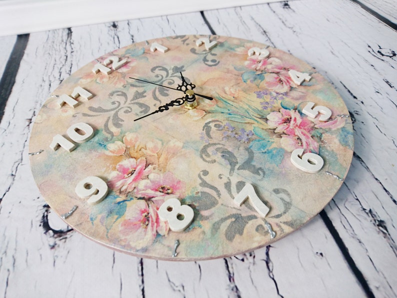 Romantic Shabby Chic Pastel Flowers Decoupage Wooden Wall Clock Gift ...