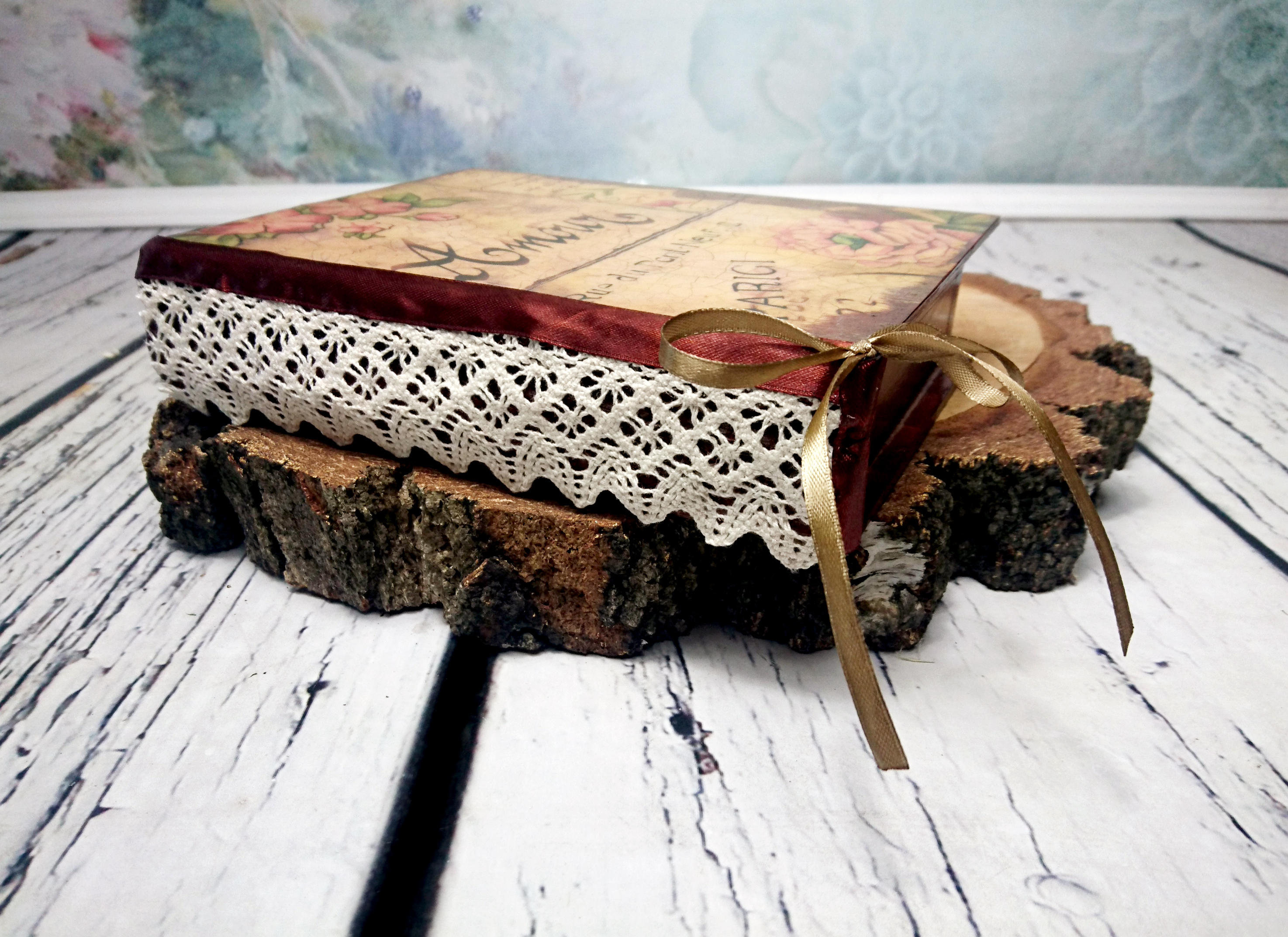 Decoupage Old Book Shaped Box Key Lock Crackle Cotton Lace Romantic ...