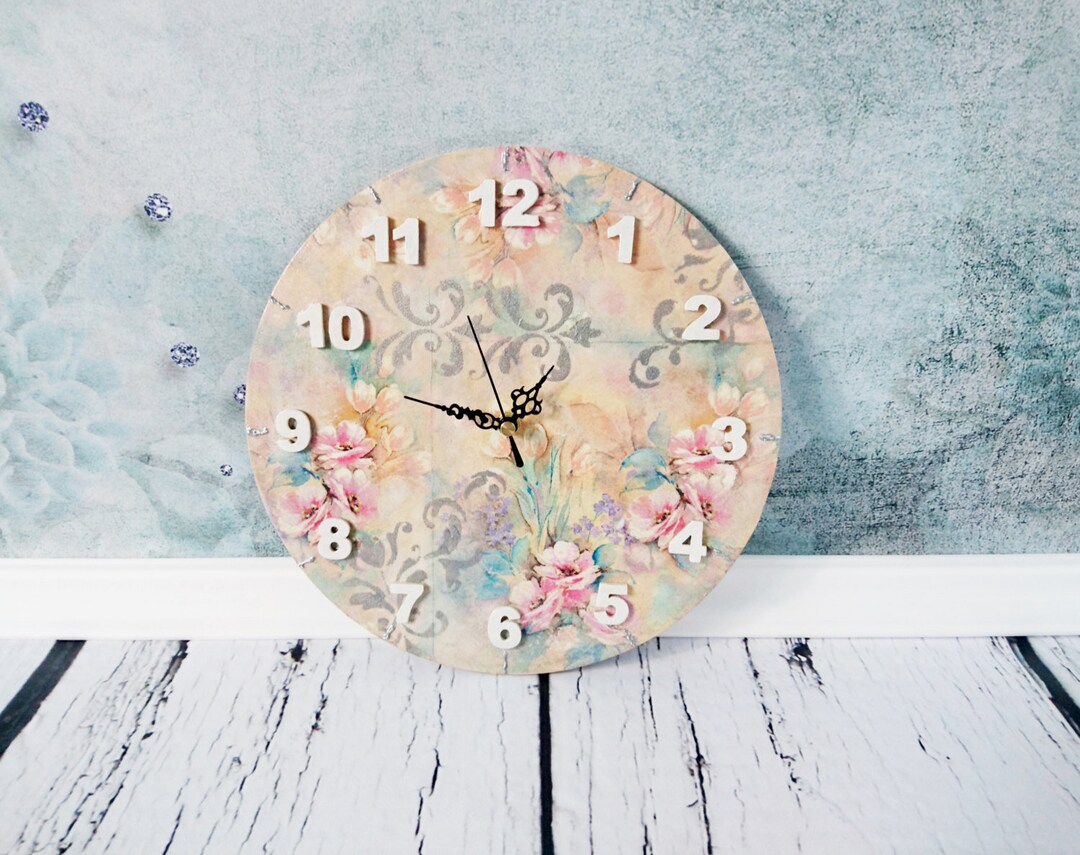 Romantic Shabby Chic Pastel Flowers Decoupage Wooden Wall Clock Gift ...
