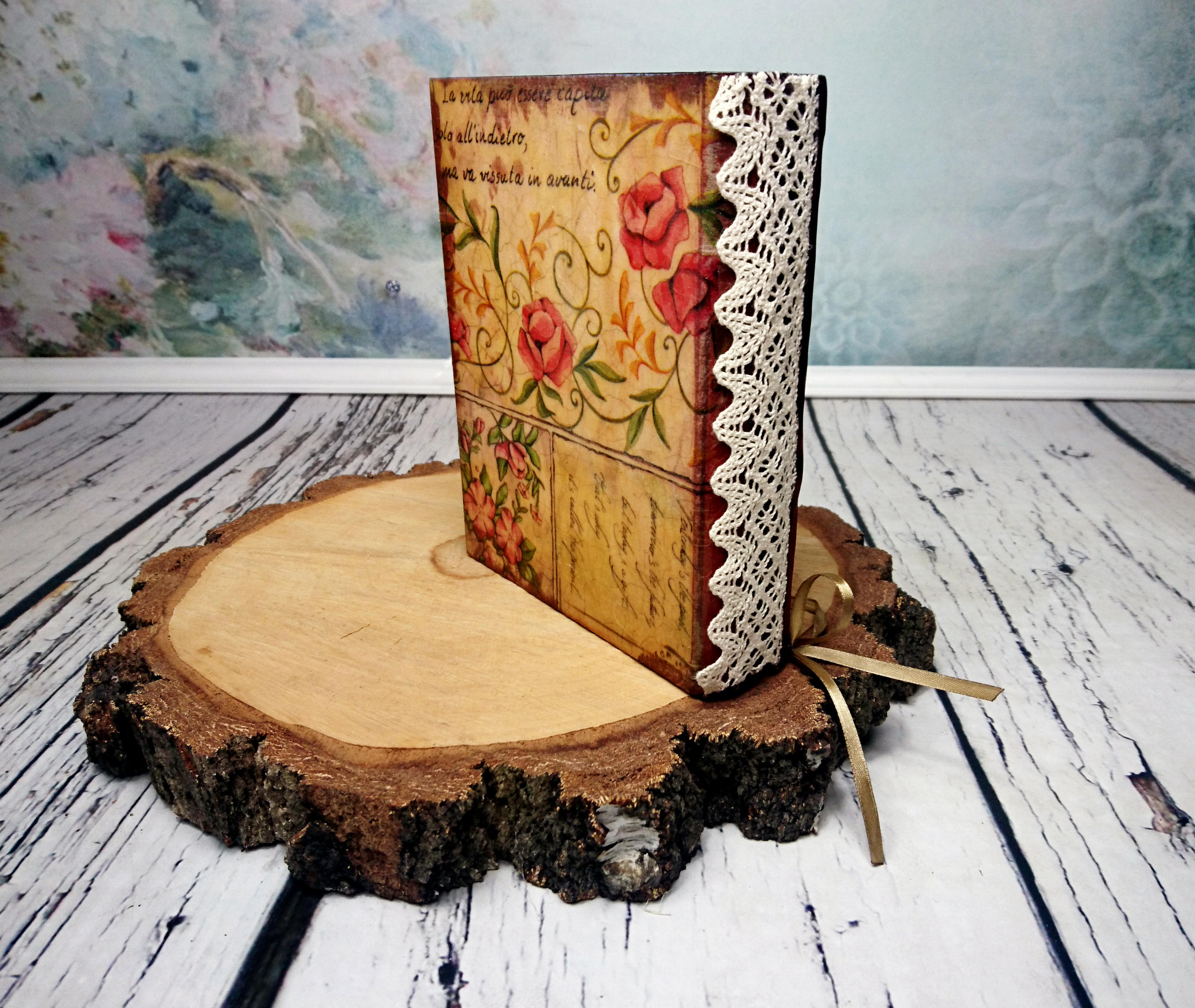 Decoupage Old Book Shaped Box Key Lock Crackle Cotton Lace Romantic ...