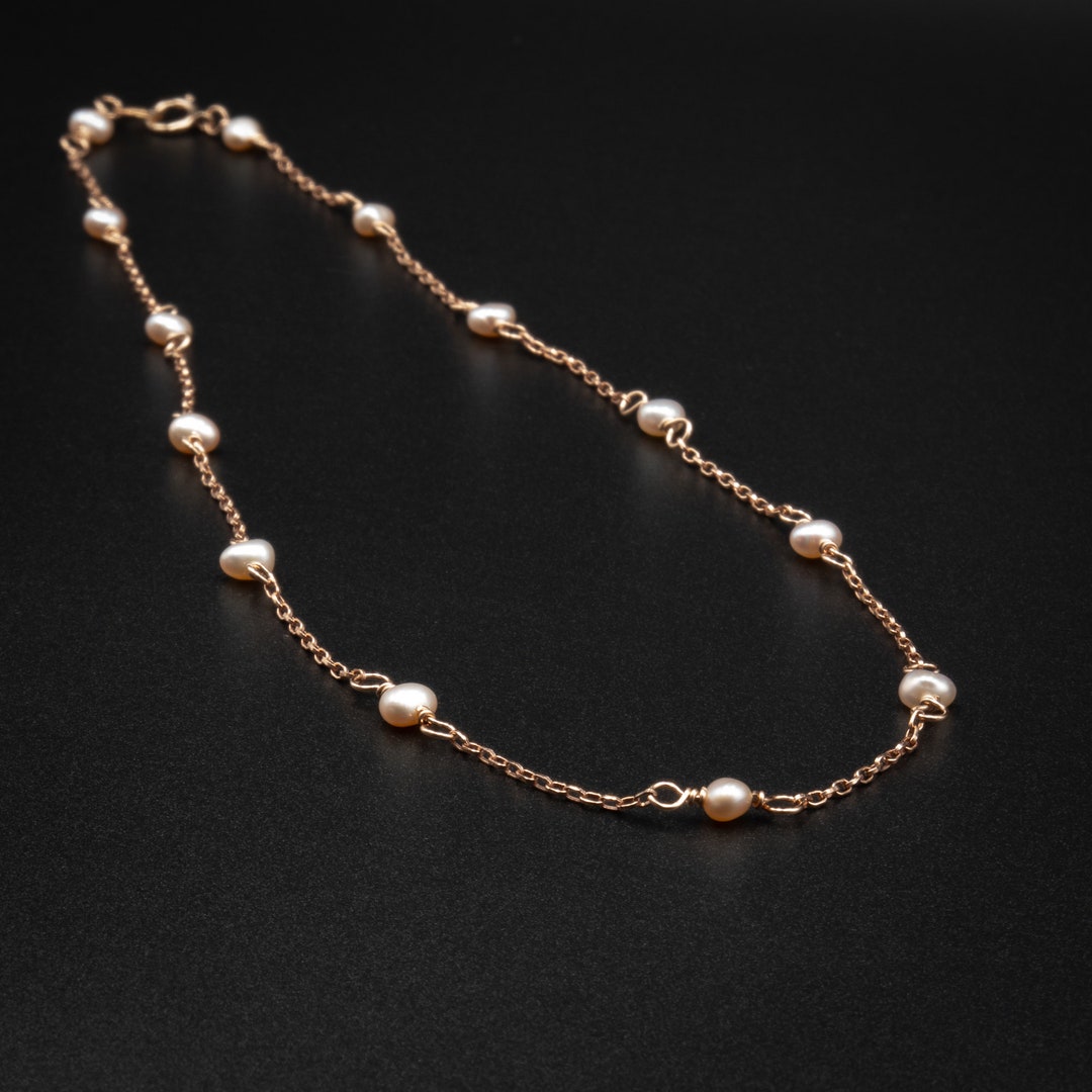 Pink Pearl Rosel Gold Chain Link Necklace, Soft Pink Natural Freshwater ...