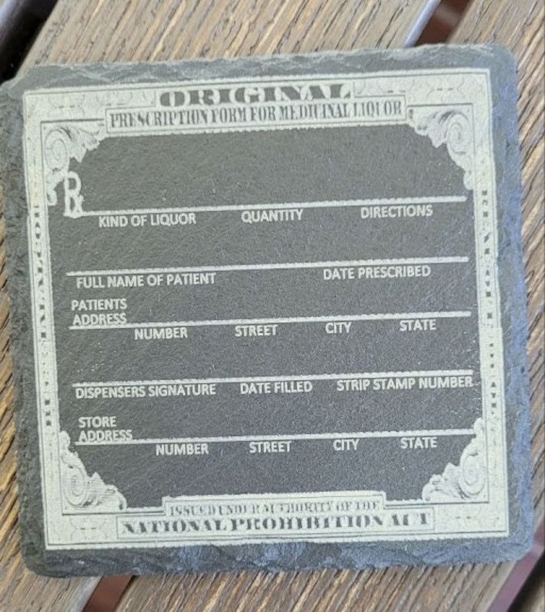 Prohibition Prescription for Alcohol on Slate Coaster - Etsy