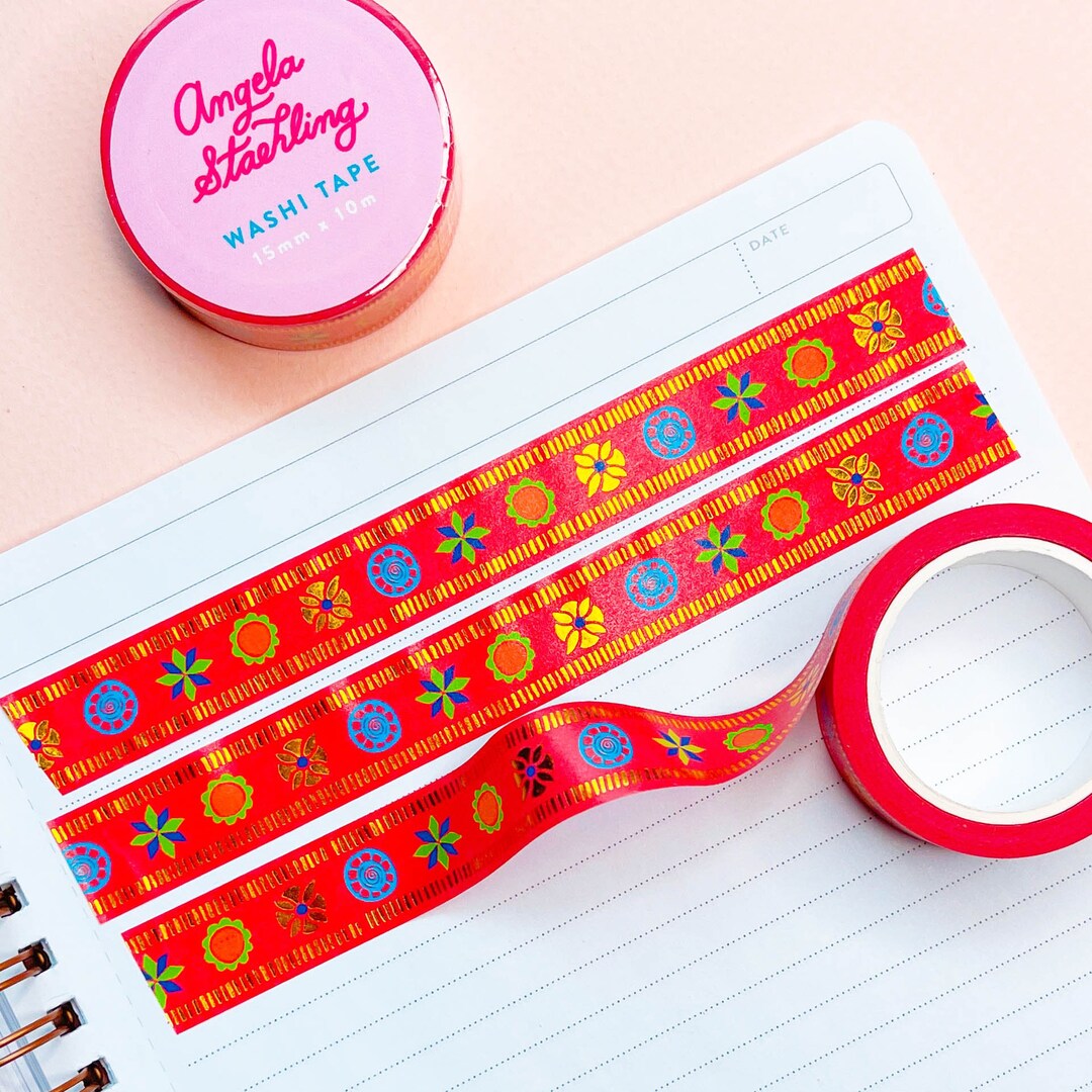 Red Folk Pattern Washi Tape, Gold Foil Pattern Washi Tape, Red ...