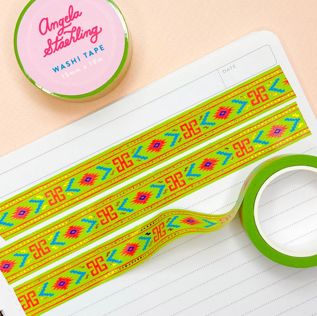 Green Folk Pattern Washi Tape, Gold Foil Pattern Washi Tape, Green ...