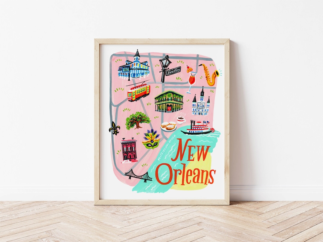 New Orleans Map Art Print. New Orleans Travel Poster. French Quarter ...