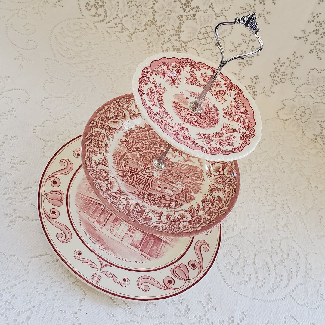 Pink English China, Mixed Pattern, Repurposed, 3 Tier Cake Stand, Crown ...