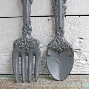 Gray Fork and Spoon Kitchen Wall Decor, Painted Cast Iron Utensils Set ...