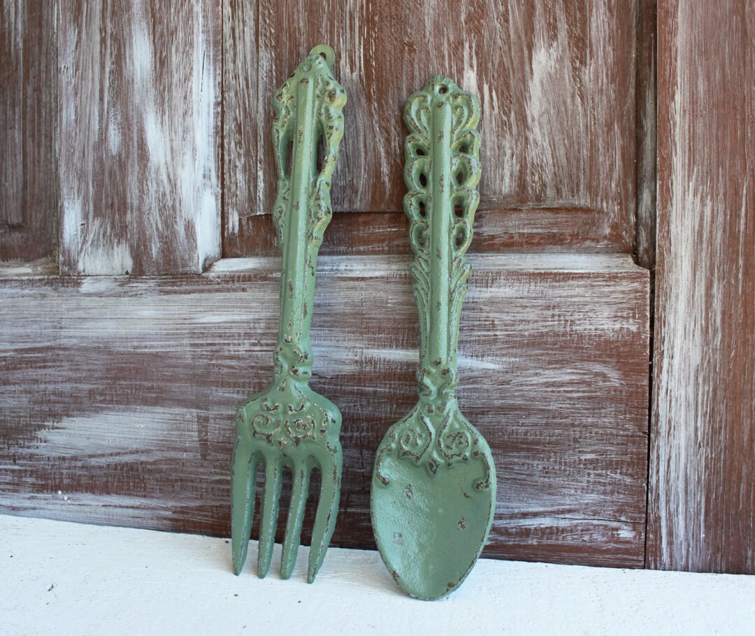 Fork and Spoon Wall Decor Sage Green Rustic Kitchen Decor Painted Utensils Kitchen Wall Art ...