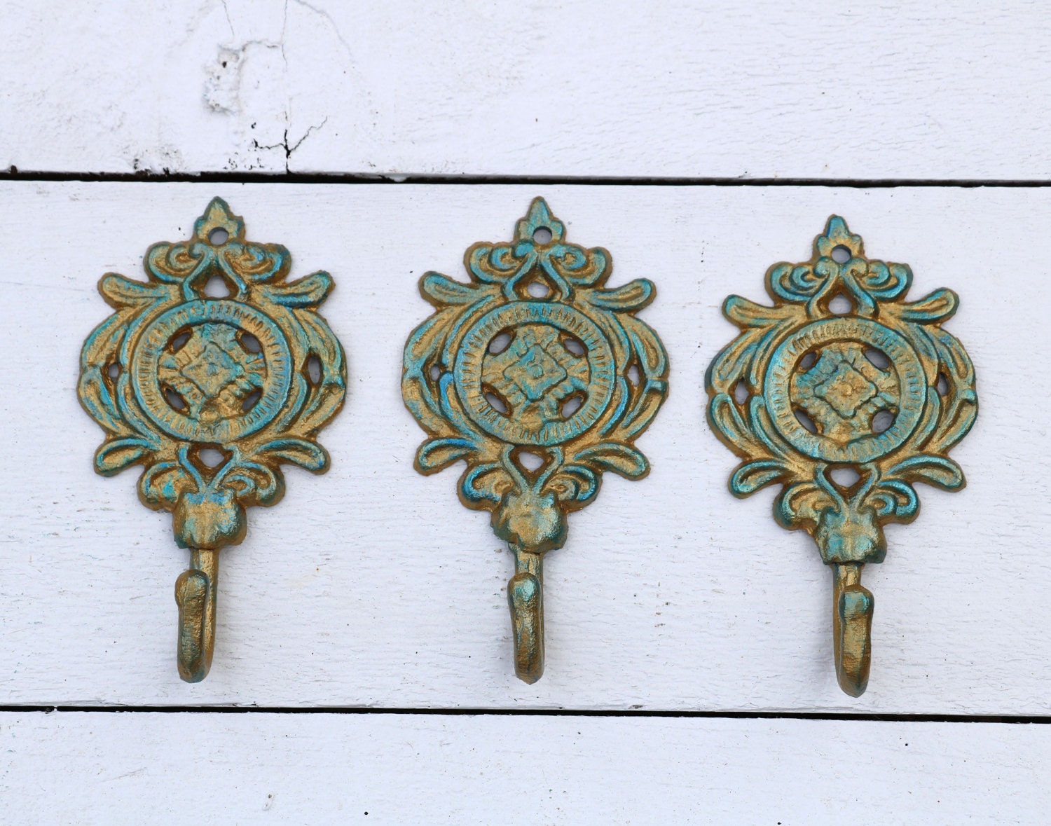 Cast Iron Wall Hooks, Painted Hooks, Decorative Hooks, Gold Teal Patina ...