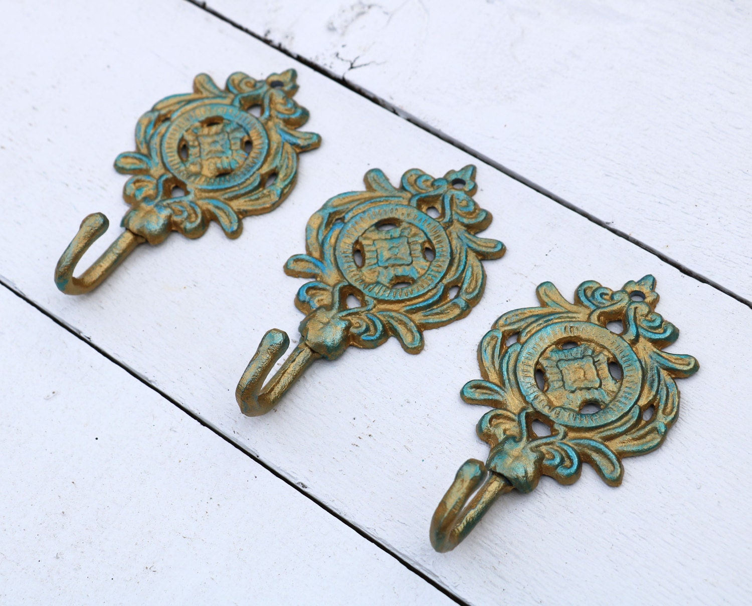 Cast Iron Wall Hooks, Painted Hooks, Decorative Hooks, Gold Teal Patina ...