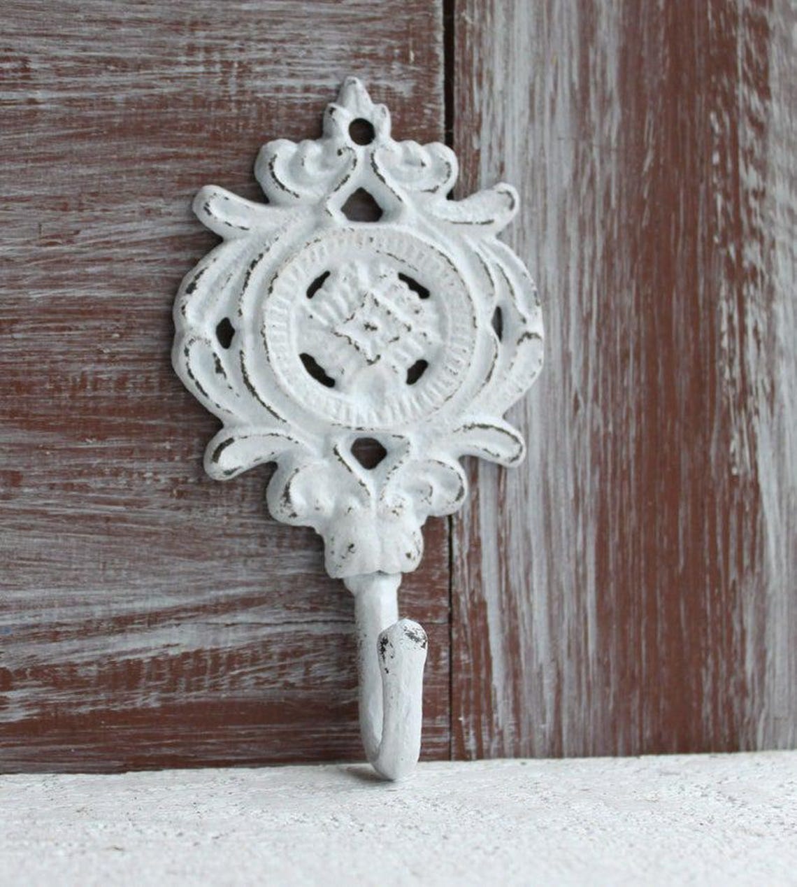 White Hook, Decorative Ornate Wall Hook, Shabby Distressed Bathroom ...